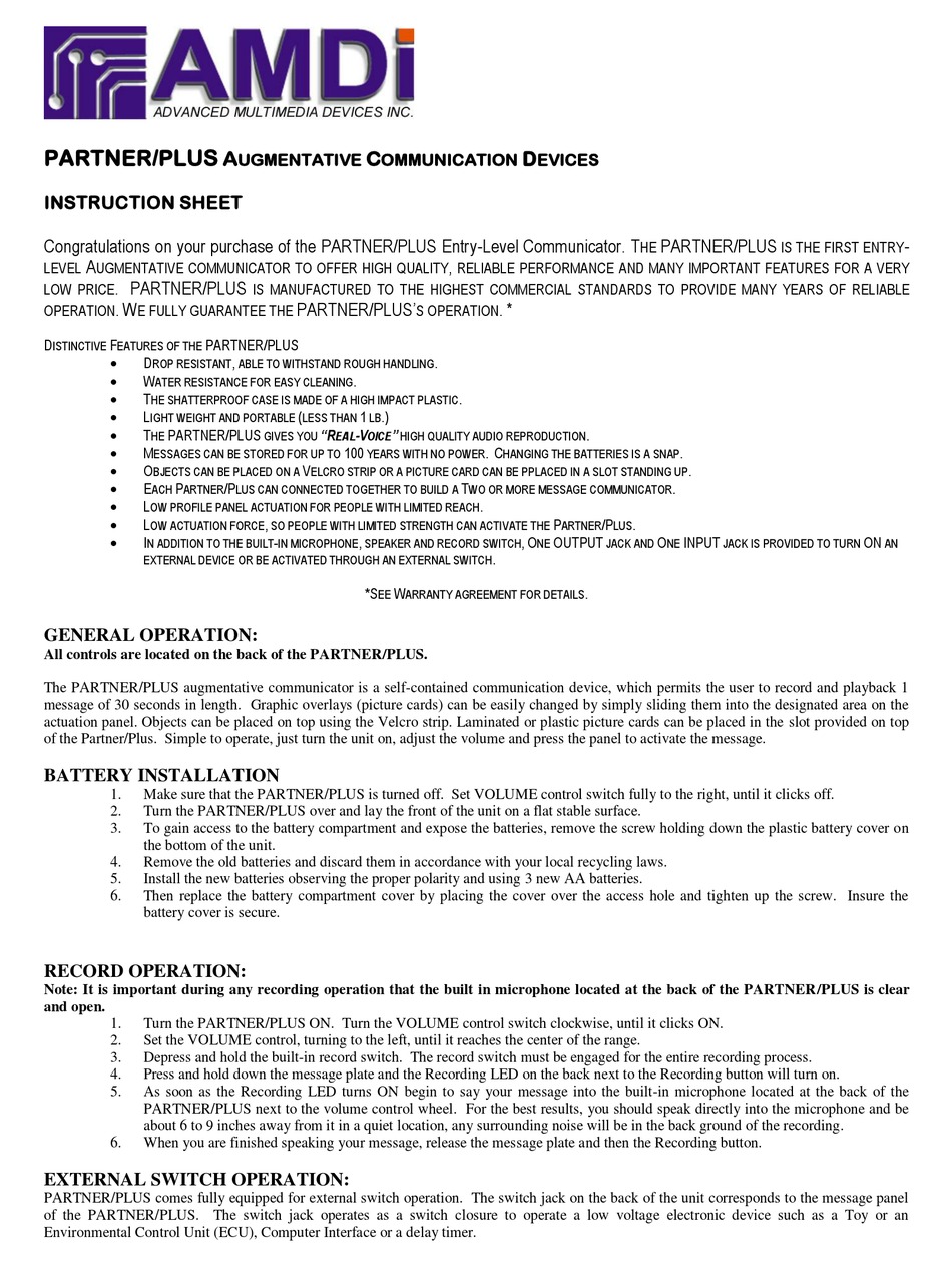 AMDI PARTNER/PLUS INSTRUCTION SHEET Pdf Download | ManualsLib