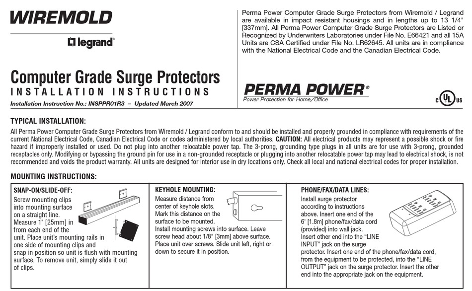 LEGRAND WIREMOLD PERMA POWER M6BZ-15 INSTALLATION INSTRUCTIONS Pdf ...