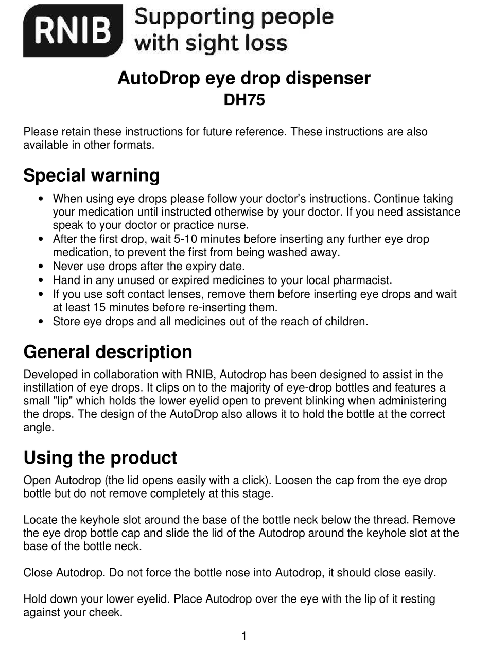 RNIB AUTODROP INSTRUCTIONS Pdf Download | ManualsLib