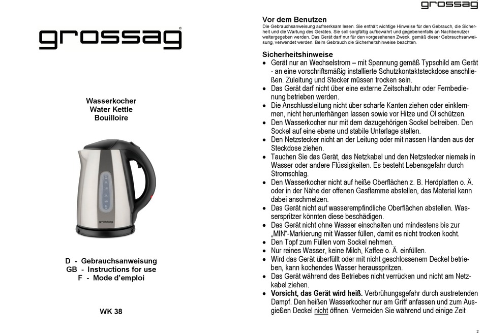 GROSSAG WK 38 INSTRUCTIONS FOR USE MANUAL Pdf Download | ManualsLib