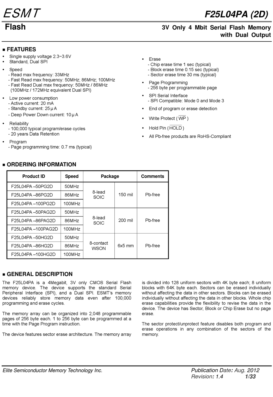 ESMT F25L04PA SERIES MANUAL Pdf Download | ManualsLib
