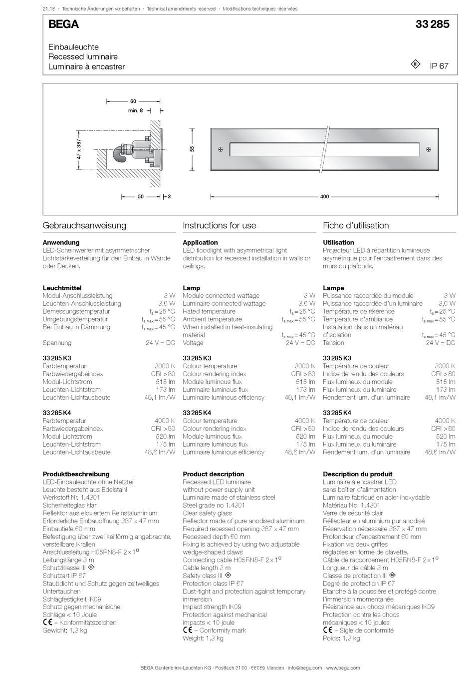 BEGA 33 285 INSTRUCTIONS FOR USE Pdf Download | ManualsLib