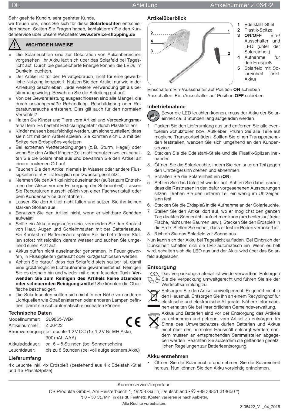 DS PRODUKTE SL9865-WB4 INSTRUCTIONS Pdf Download | ManualsLib