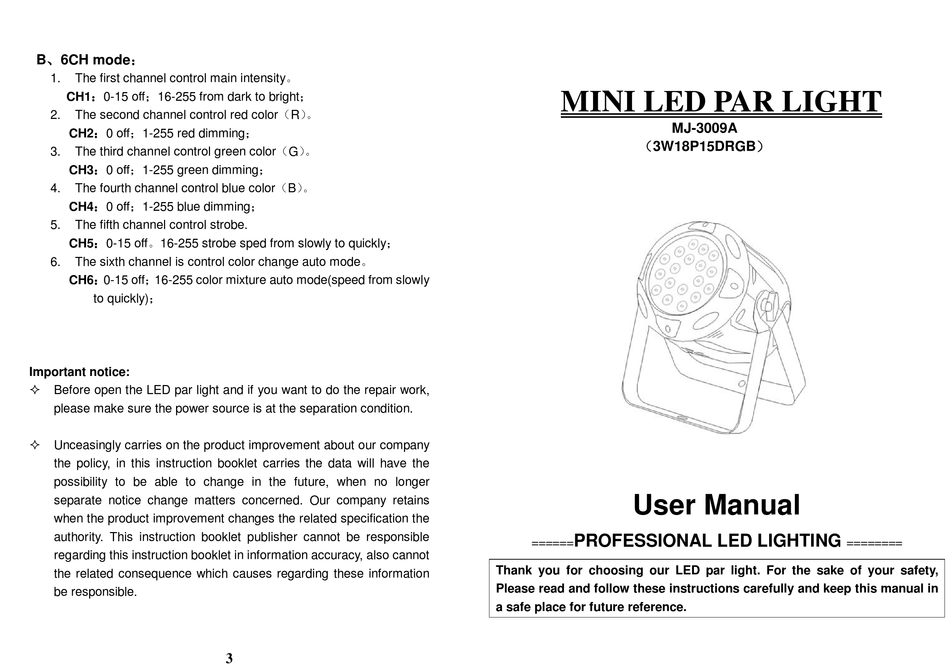 MJ LED LIGHTNING MJ-3009A USER MANUAL Pdf Download | ManualsLib