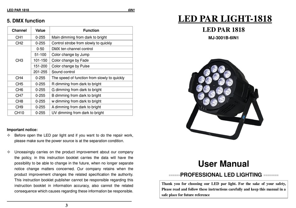 MJ LED LIGHTNING MJ-3001B-6IN1 USER MANUAL Pdf Download | ManualsLib