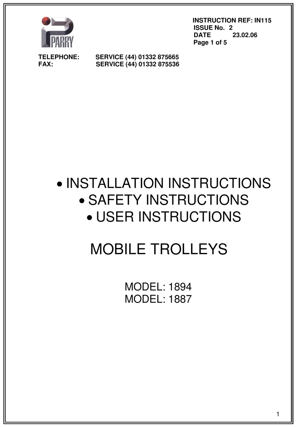 PARRY 1894 INSTALLATION INSTRUCTIONS, SAFETY INSTRUCTIONS, USER ...