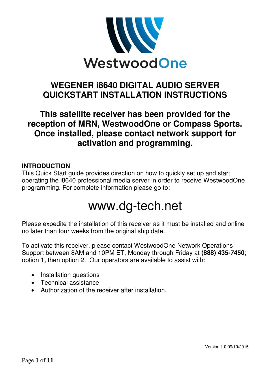 WESTWOODONE WEGENER I8640 QUICKSTART INSTALLATION INSTRUCTIONS Pdf Download | ManualsLib