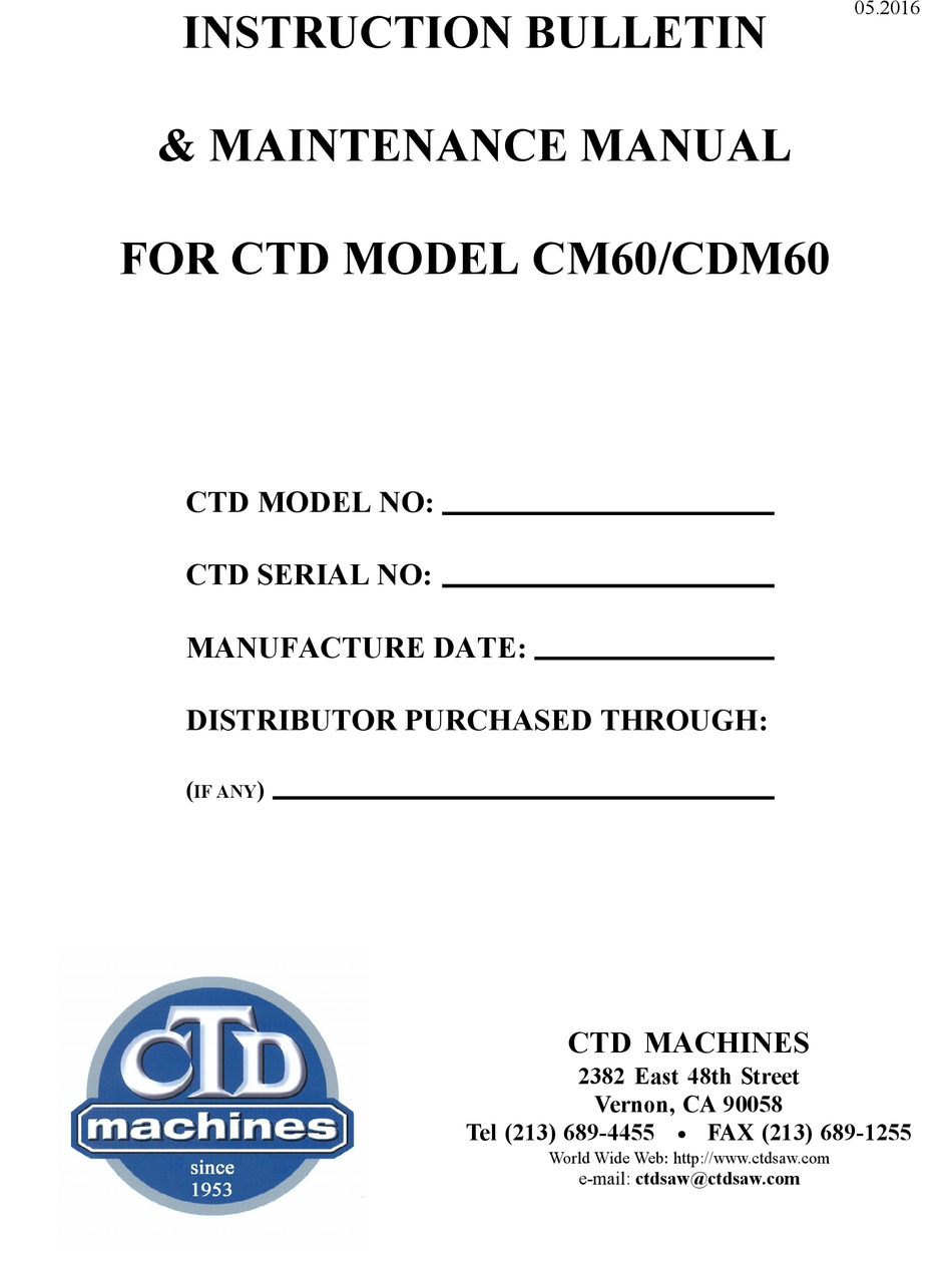 CTD CM60 INSTRUCTION BULLETIN & MAINTENANCE MANUAL Pdf Download | ManualsLib