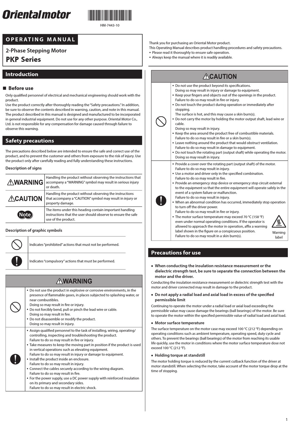 ORIENTALMOTOR PKP SERIES OPERATING MANUAL Pdf Download | ManualsLib