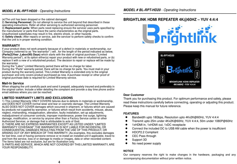 BRIGHTLINK BL-RPT-HD20 OPERATING INSTRUCTIONS Pdf Download | ManualsLib