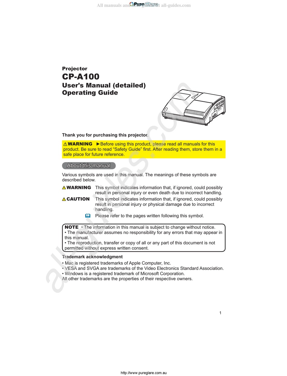 PUREGLARE CP-A100 USER MANUAL Pdf Download | ManualsLib