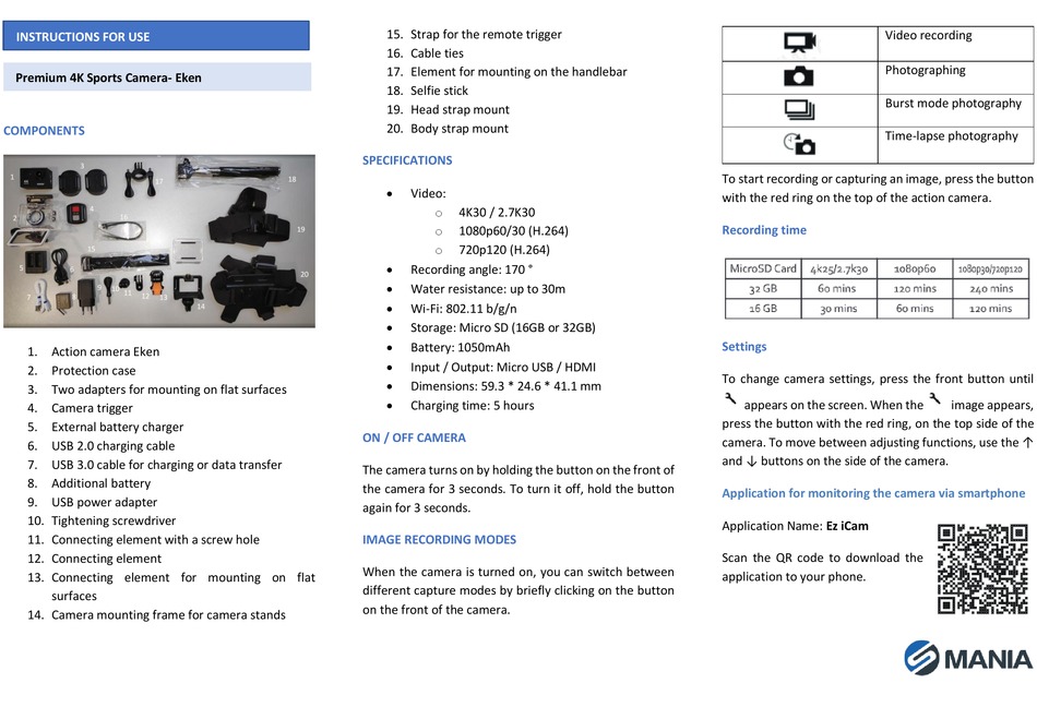 MANIA EKEN INSTRUCTIONS FOR USE Pdf Download | ManualsLib