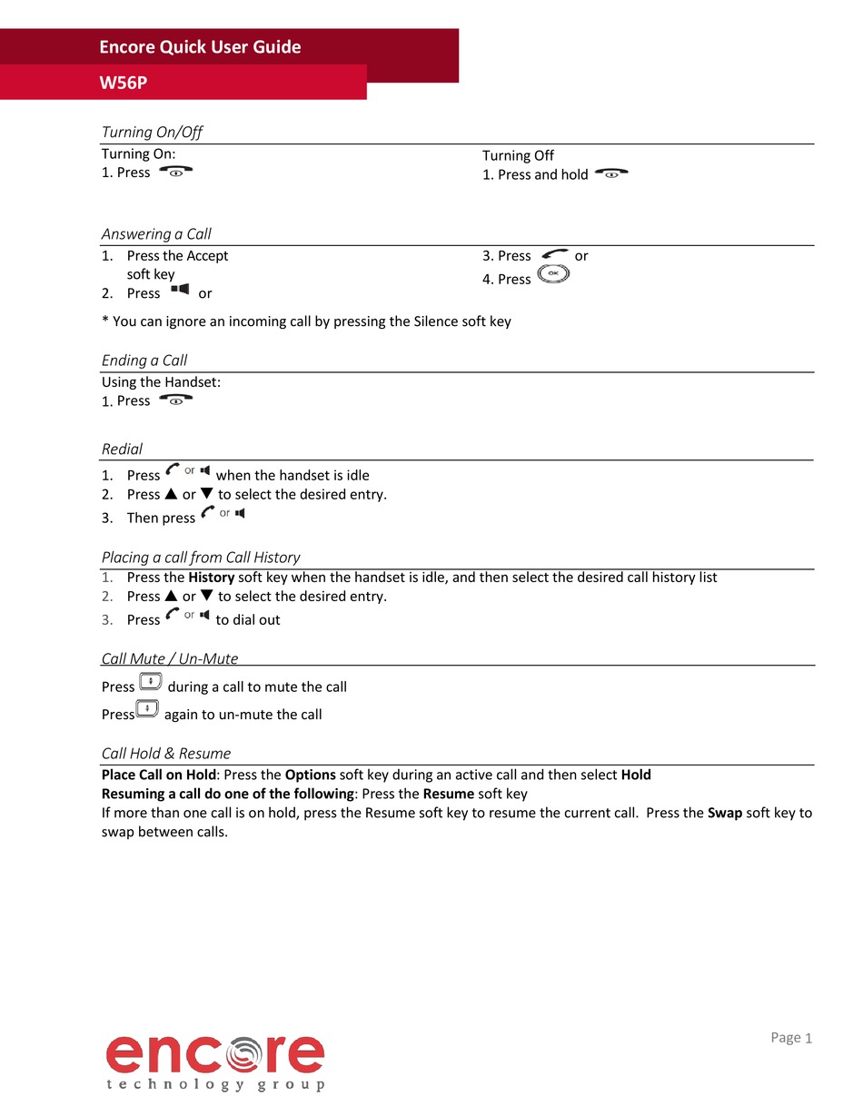 ENCORE W56P QUICK USER MANUAL Pdf Download | ManualsLib