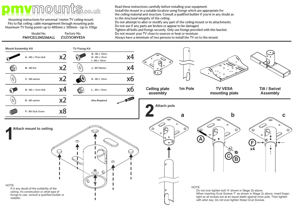 PMV MOUNTS PMVCEILINGSMALL MOUNTING INSTRUCTIONS Pdf Download | ManualsLib