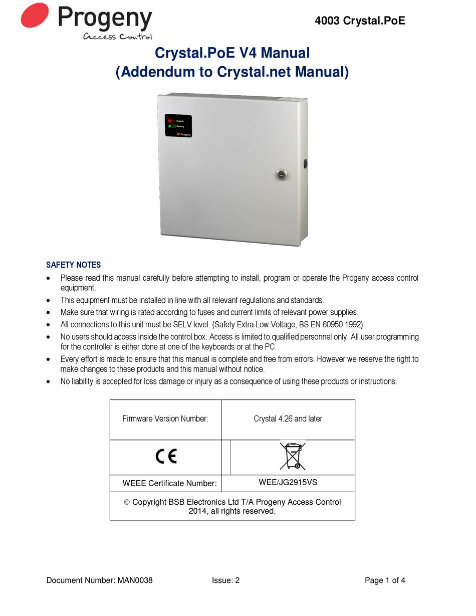 PROGENY CRYSTAL.POE V4 MANUAL Pdf Download | ManualsLib