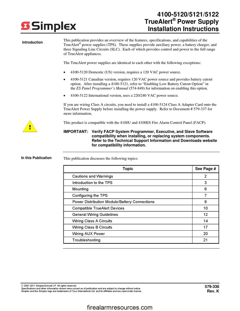 SIMPLEX TRUEALERT 4100-5120 INSTALLATION INSTRUCTIONS MANUAL Pdf ...