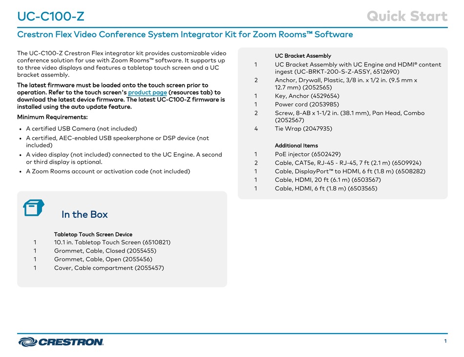 CRESTRON FLEX UC-C100-Z QUICK START MANUAL Pdf Download | ManualsLib