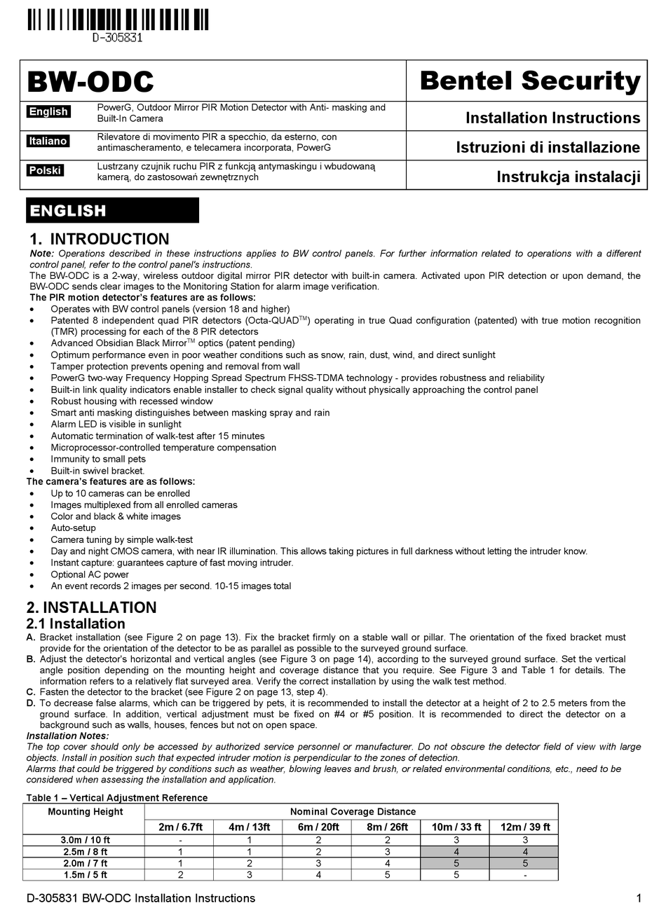 BENTEL SECURITY BW-ODC INSTALLATION INSTRUCTIONS MANUAL Pdf Download | ManualsLib