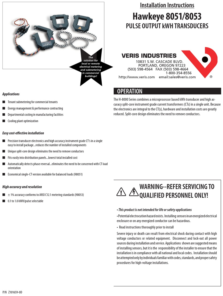 VERIS INDUSTRIES HAWKEYE H-8000 SERIES INSTALLATION INSTRUCTIONS Pdf ...