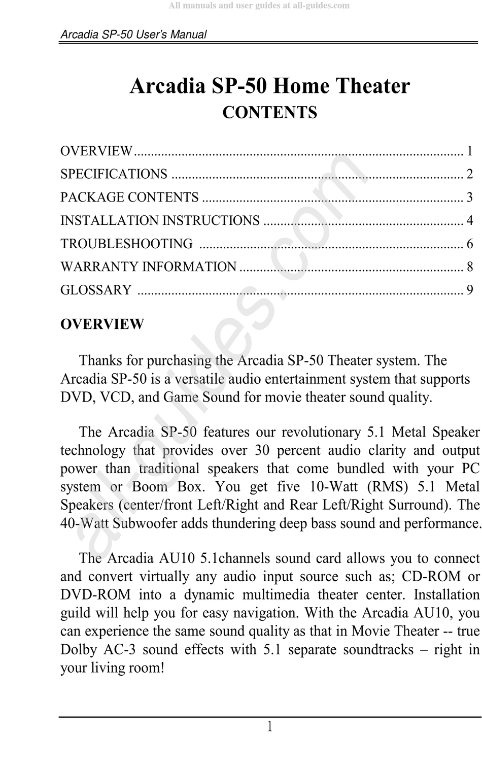 ARCADIA SP-50 USER MANUAL Pdf Download | ManualsLib
