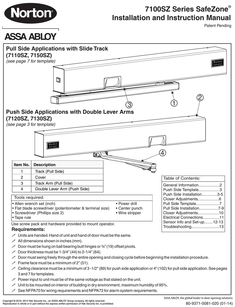 ASSA ABLOY NORTON SAFEZONE 7110SZ INSTALLATION AND INSTRUCTION MANUAL ...