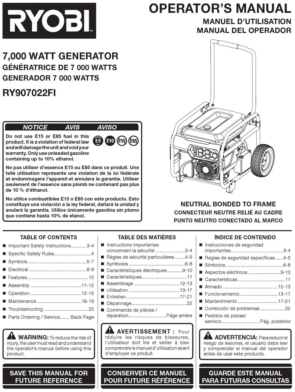 RYOBI RY907022FI OPERATOR'S MANUAL Pdf Download | ManualsLib