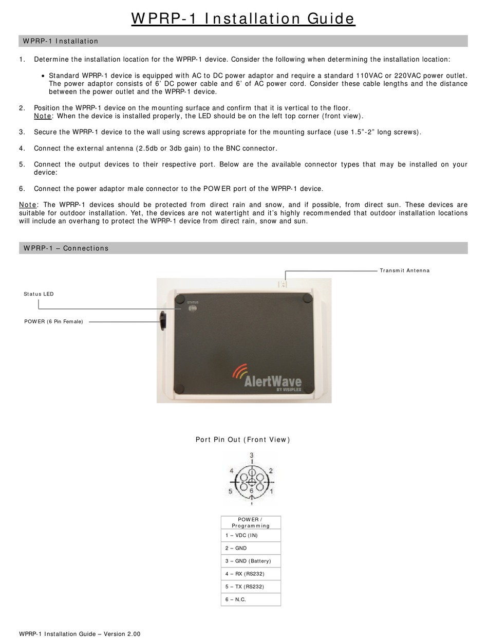 VISIPLEX ALERTWAVE WPRP-1 INSTALLATION MANUAL Pdf Download | ManualsLib