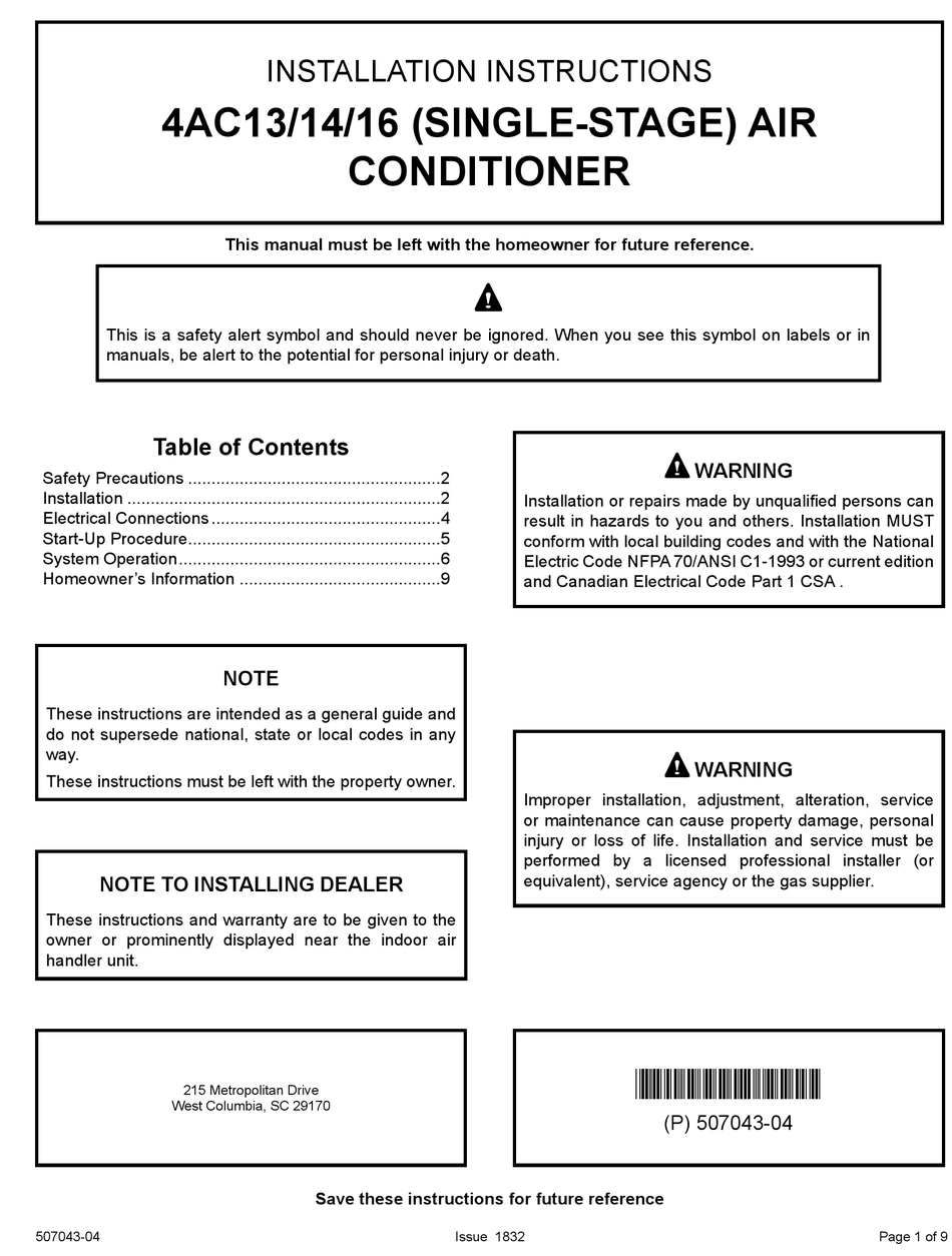 AC PRO 4AC14 INSTALLATION INSTRUCTIONS MANUAL Pdf Download | ManualsLib