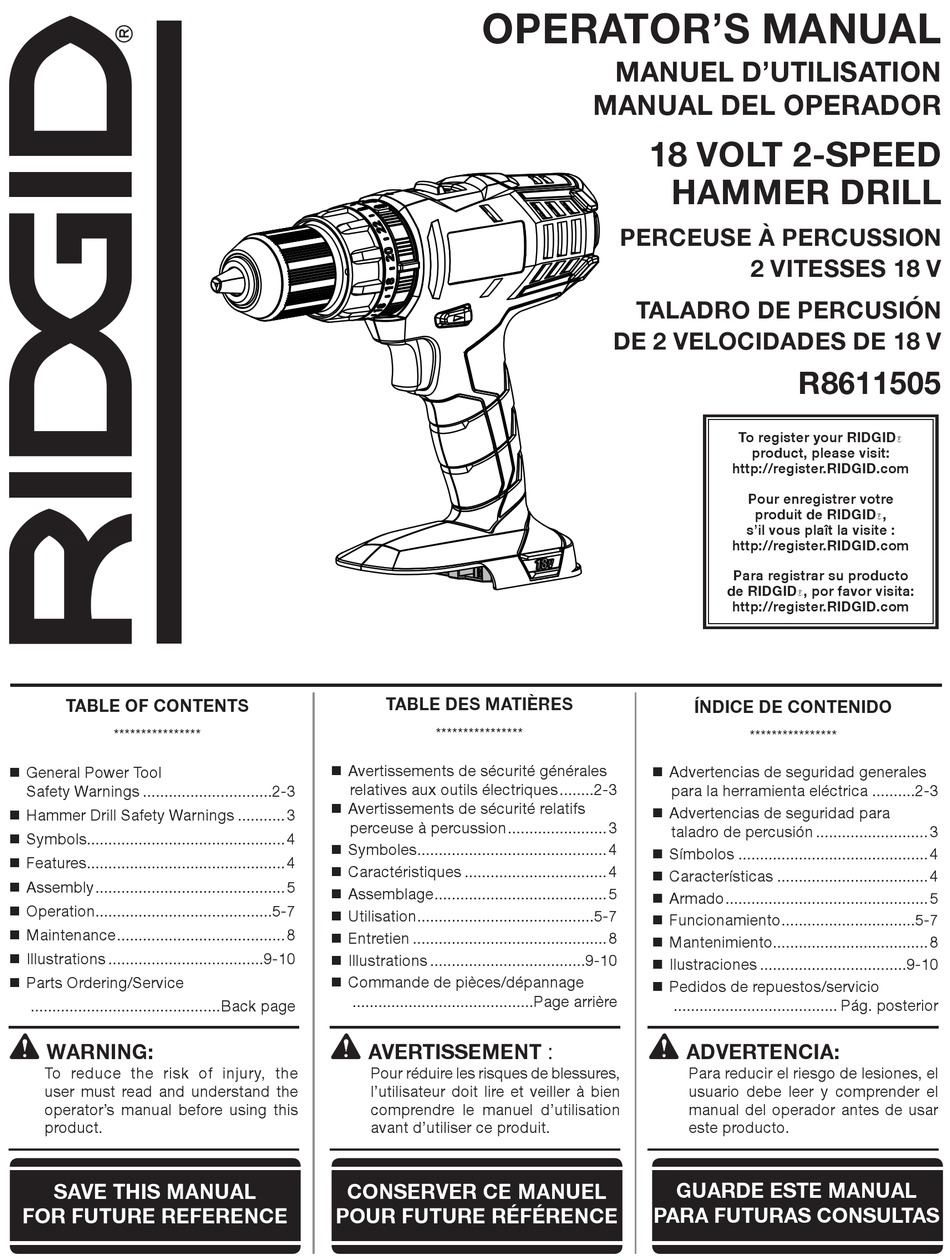 RIDGID R8611505 OPERATOR'S MANUAL Pdf Download | ManualsLib