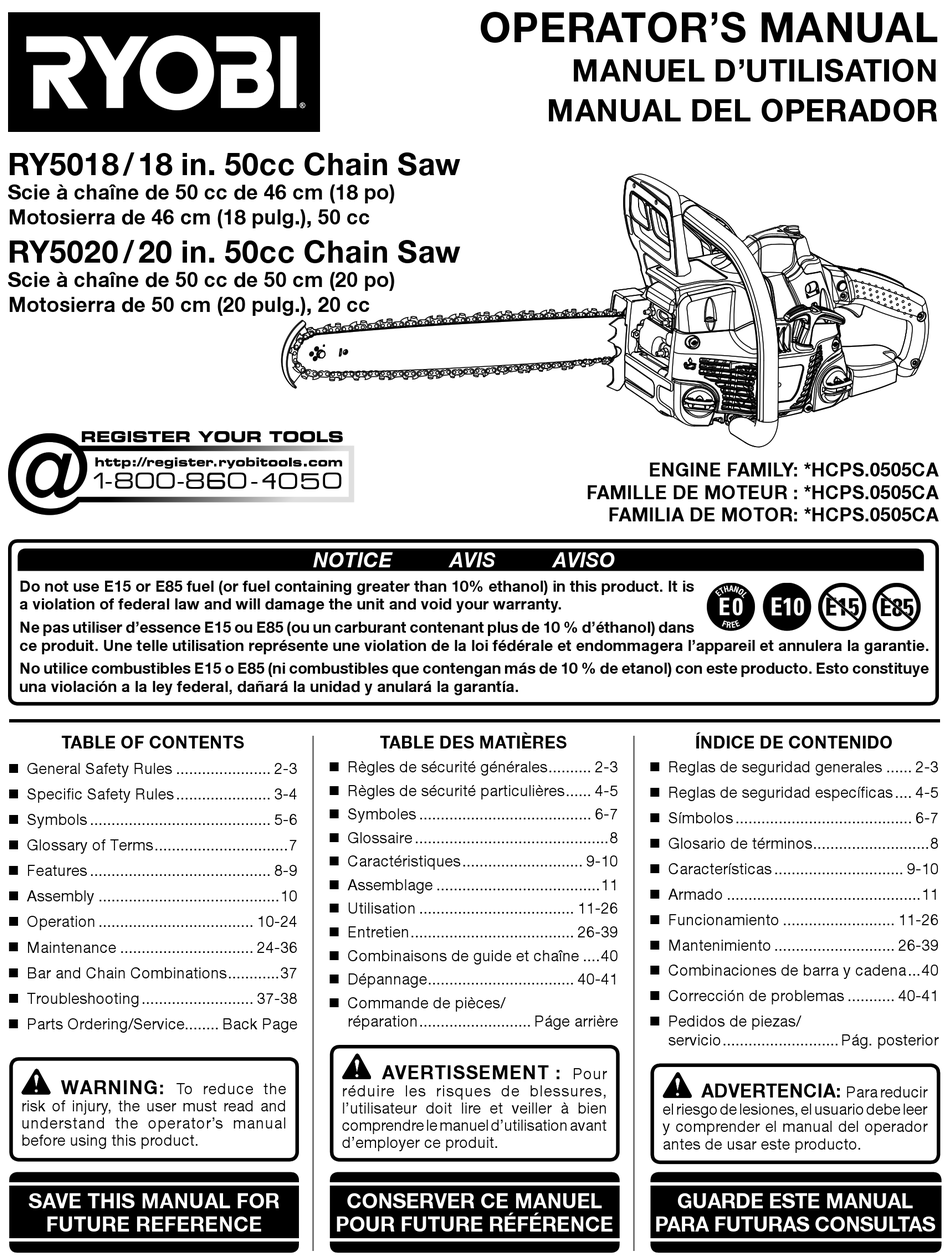 RYOBI RY5018 OPERATOR'S MANUAL Pdf Download | ManualsLib