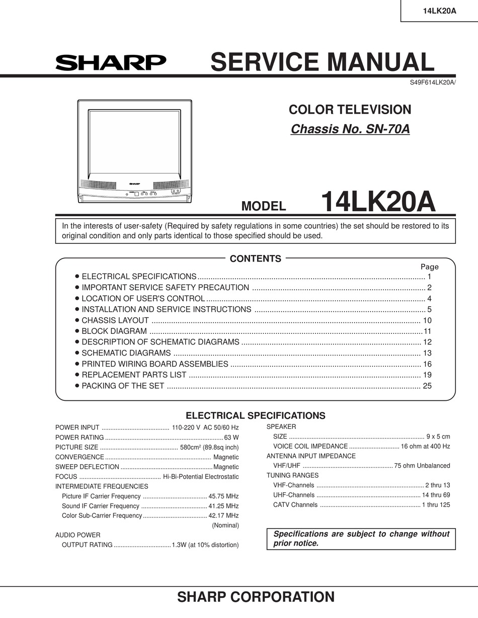 SHARP 14LK20A SERVICE MANUAL Pdf Download | ManualsLib