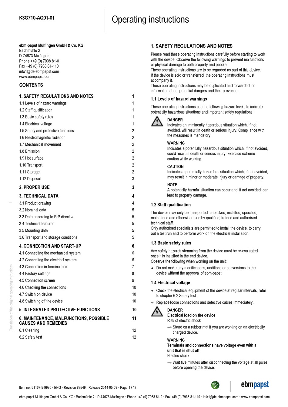 EBM-PAPST K3G710-AQ01-01 OPERATING INSTRUCTIONS MANUAL Pdf Download ...