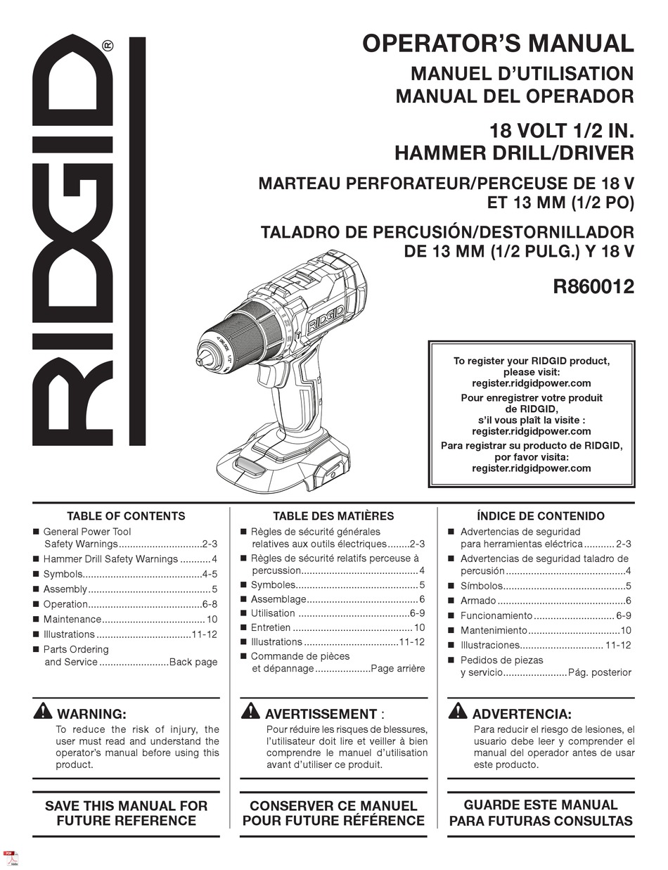 RIDGID R860012 OPERATOR'S MANUAL Pdf Download | ManualsLib
