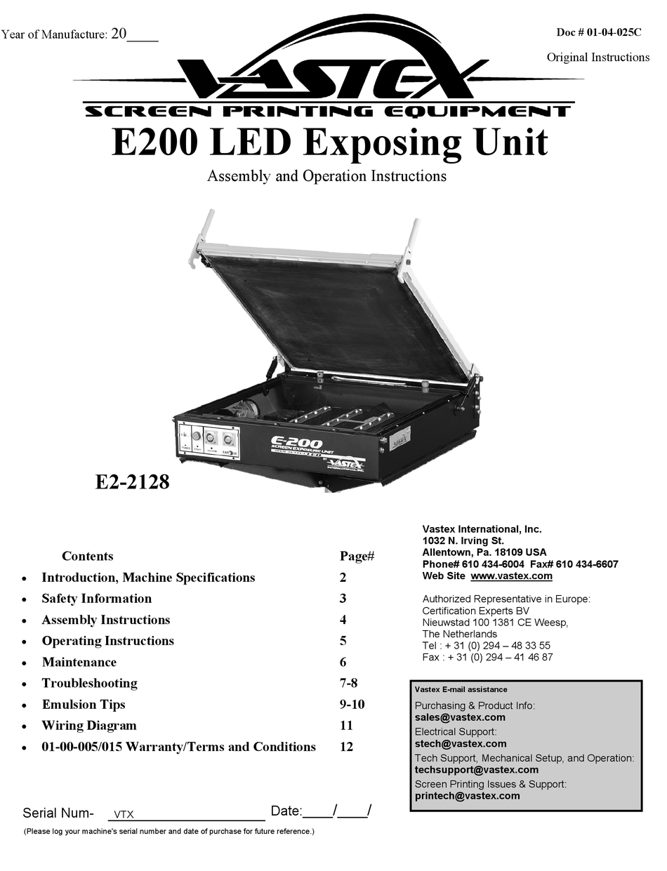 VASTEX E2-2128 ASSEMBLY AND OPERATION INSTRUCTIONS MANUAL Pdf Download ...