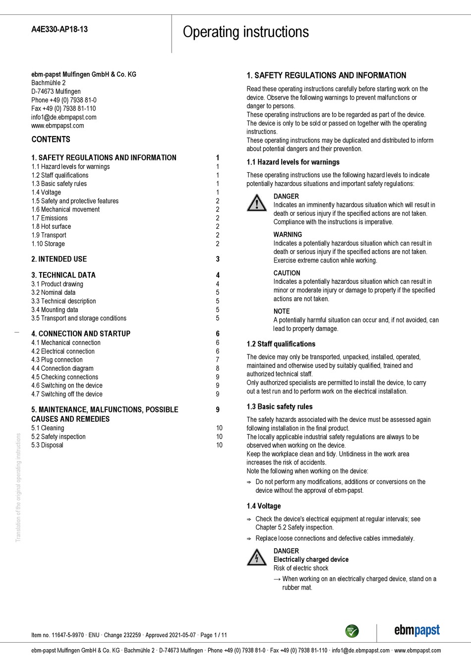 EBM-PAPST A4E330-AP18-13 OPERATING INSTRUCTIONS MANUAL Pdf Download ...
