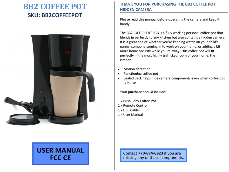 MINI GADGETS BUSH BABY BB2COFFEEPOT USER MANUAL Pdf Download | ManualsLib