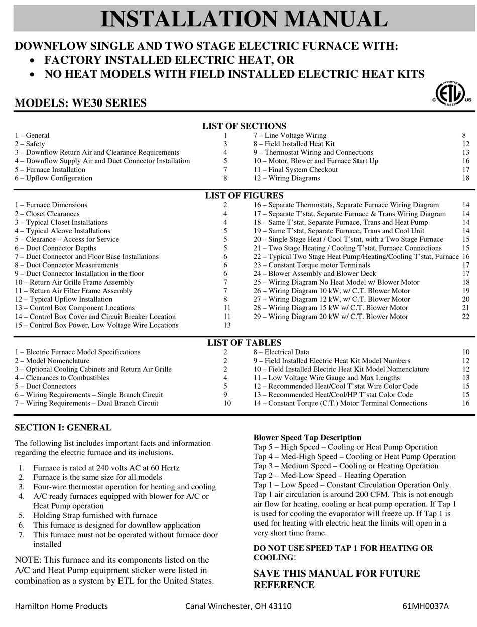 HAMILTON HOME PRODUCTS WE30B SERIES INSTALLATION MANUAL Pdf Download ...