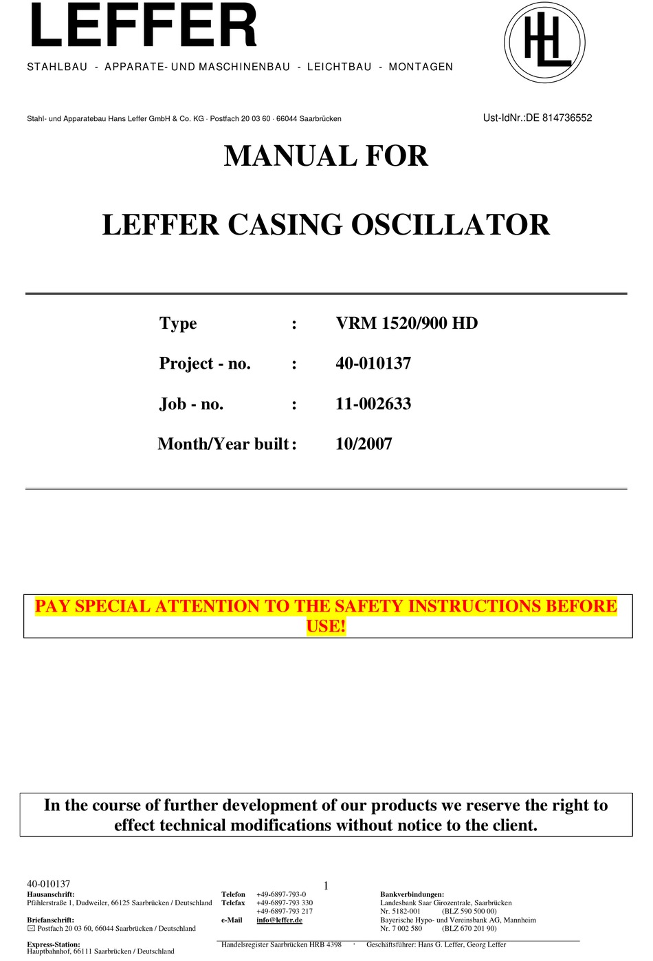 LEFFER VRM 1520/900 HD MANUAL Pdf Download | ManualsLib