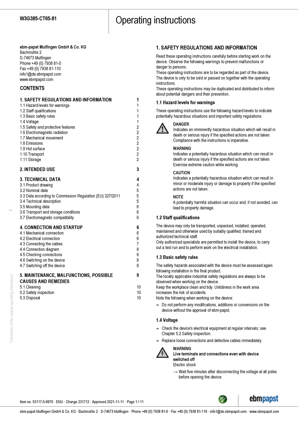 EBM-PAPST W3G385-CT65-81 OPERATING INSTRUCTIONS MANUAL Pdf Download ...