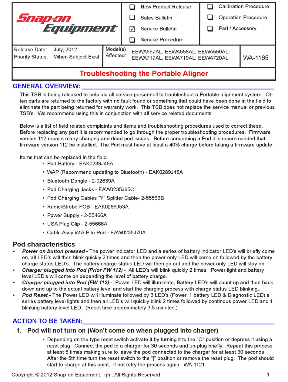 SNAP-ON EQUIPMENT EEWA557AL TROUBLESHOOTING Pdf Download | ManualsLib