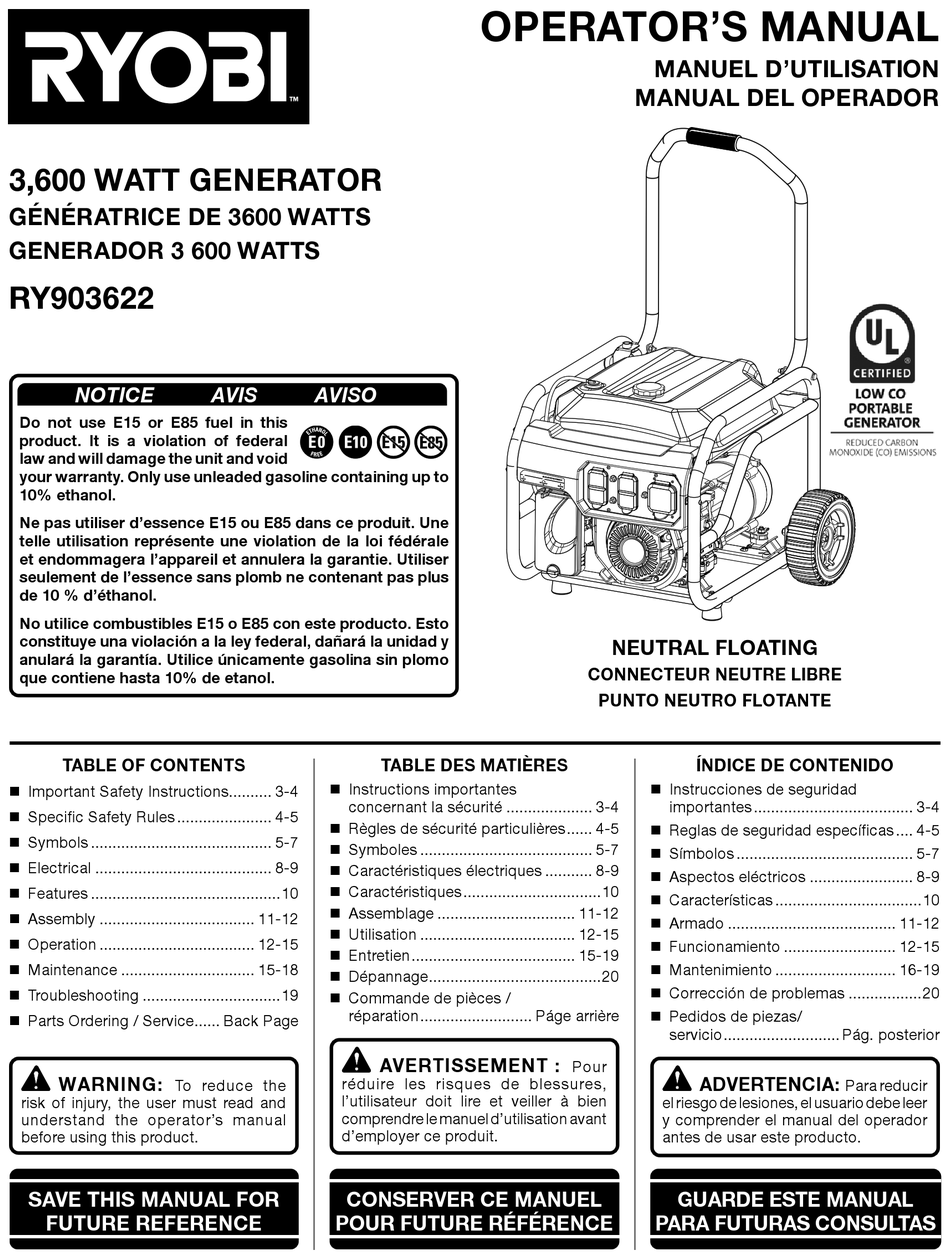RYOBI RY903622 OPERATOR'S MANUAL Pdf Download | ManualsLib