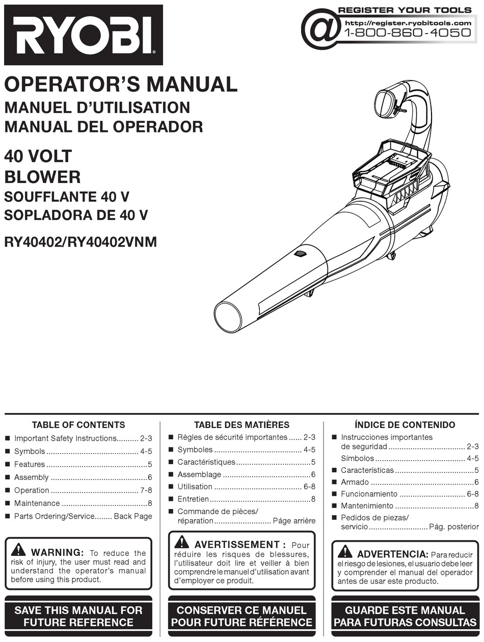 RYOBI RY40402VNM OPERATOR'S MANUAL Pdf Download | ManualsLib