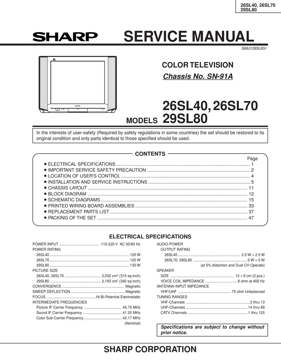 SHARP 26SL40 SERVICE MANUAL Pdf Download | ManualsLib