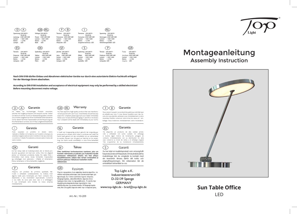 TOP LIGHT SUN TABLE OFFICE ASSEMBLY INSTRUCTION Pdf Download | ManualsLib