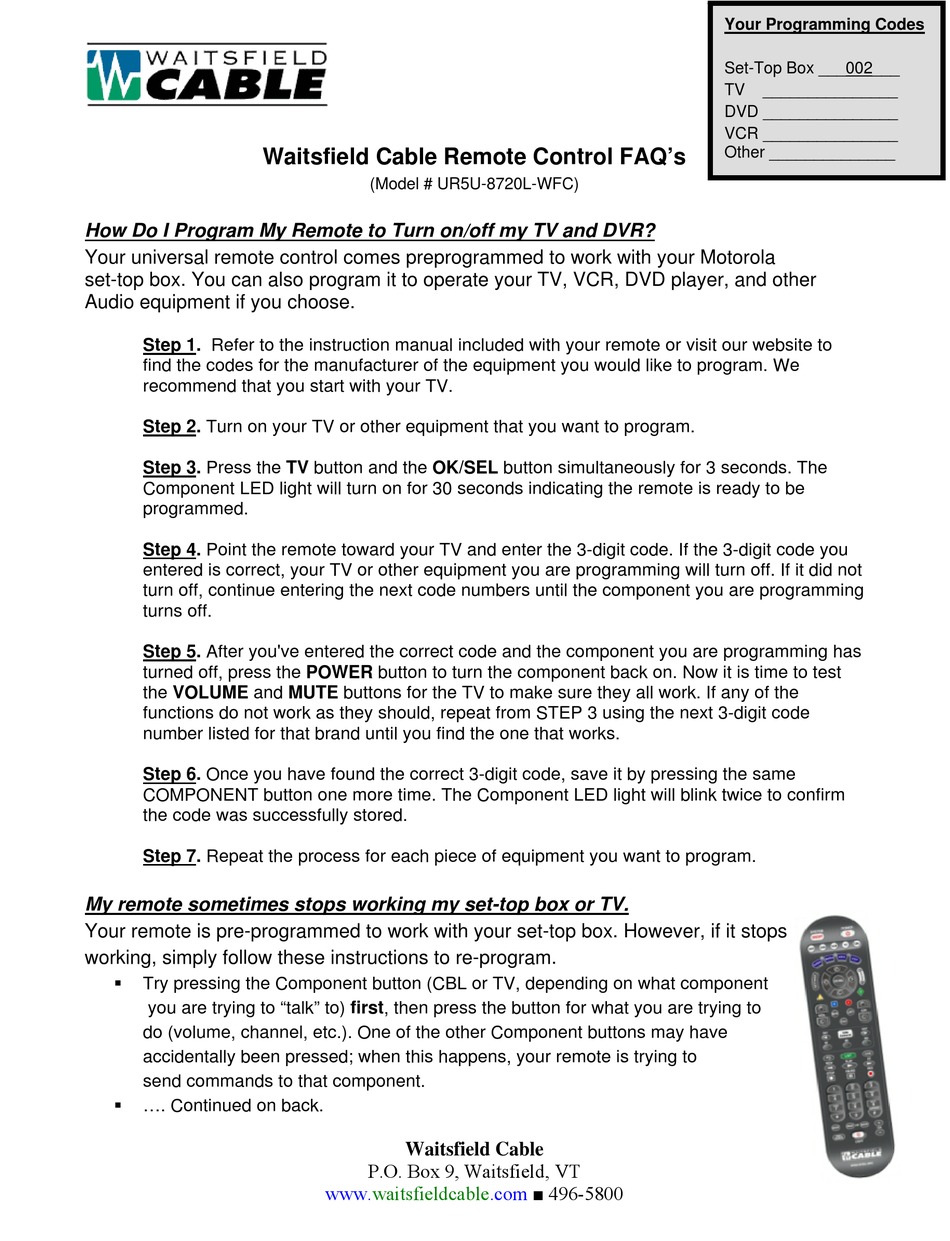 WAITSFIELD CABLE UR5U-8720L-WFC FAQ Pdf Download | ManualsLib