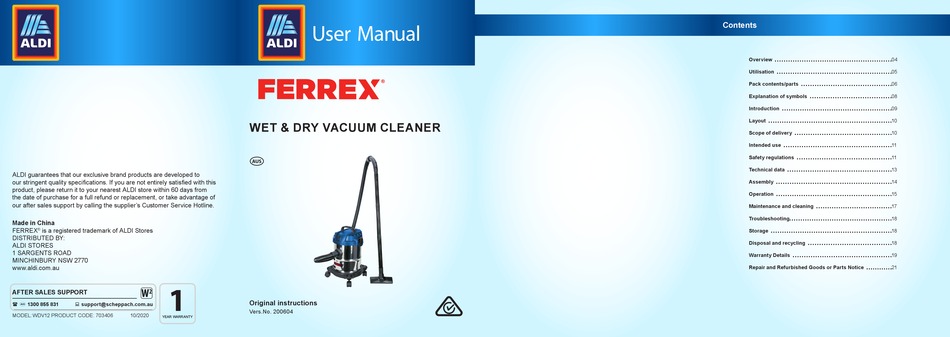 ALDI FERREX WDV12 ORIGINAL INSTRUCTIONS MANUAL Pdf Download | ManualsLib