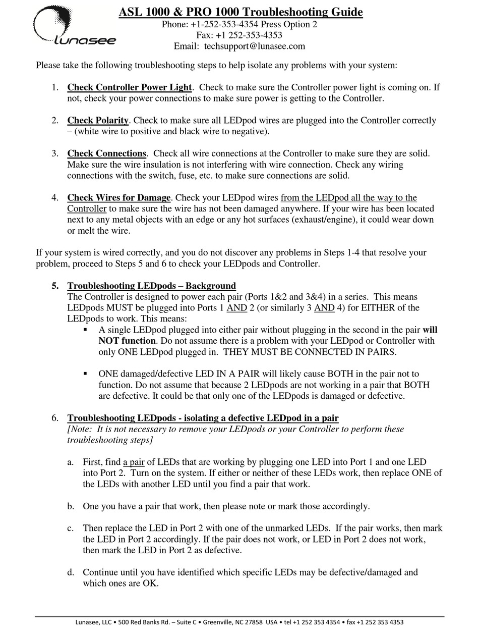 LUNASEE ASL 1000 TROUBLESHOOTING MANUAL Pdf Download | ManualsLib