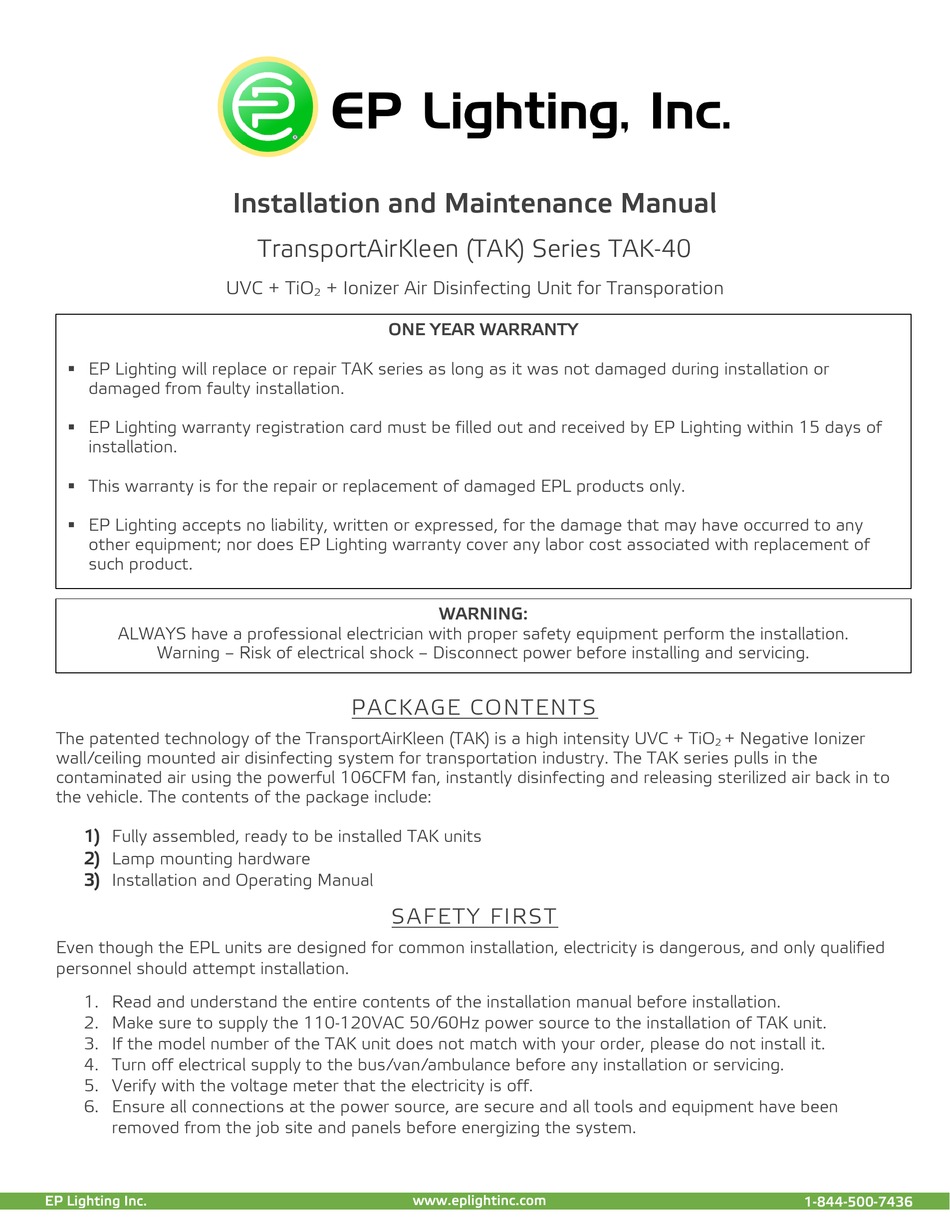 EP LIGHTING TRANSPORTAIRKLEEN SERIES INSTALLATION AND MAINTENANCE ...