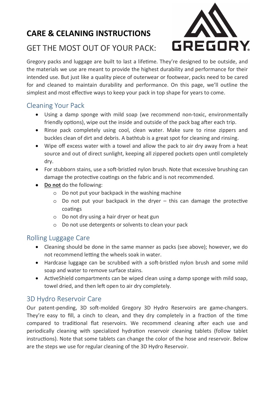 GREGORY DENALI CARE & CLEANING INSTRUCTIONS Pdf Download | ManualsLib