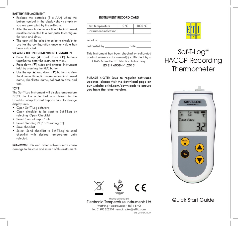 ETI SAF-T-LOG QUICK START MANUAL Pdf Download | ManualsLib